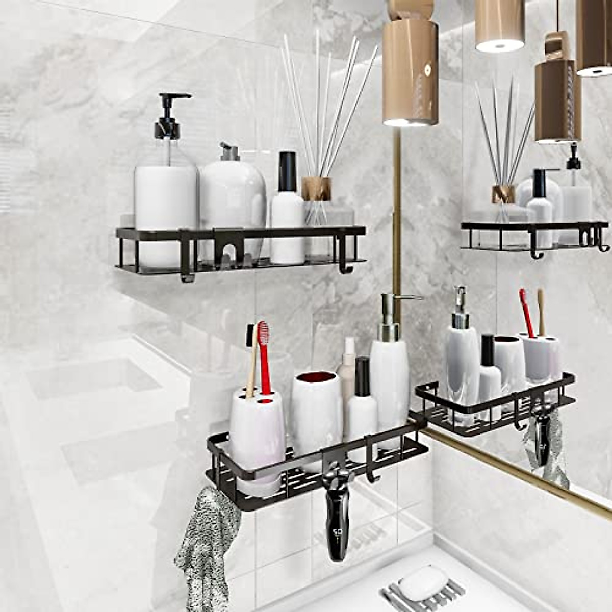 GYSHICAI Shower Caddy Shelf Rack 2Pack, Black Shower Caddy Racks for Inside Shower, Self Adhesive Shower Shelves Bathroom Wall Mount with Hooks, Shower Storage Shampoo Holder Organizer for Rv Steel