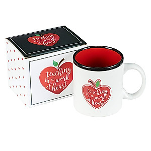 Teaching is a Work of Heart Coffee Mug, w/Red Heart Apple, Teacher Appreciation End of Year Gift, 13 oz White Ceramic Microwave Dishwasher Safe