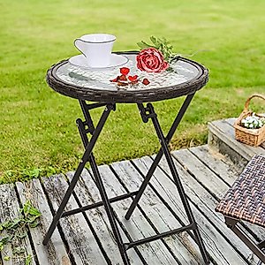 PHI VILLA Outdoor Patio Folding Small Side Table Round with Tempered Glass Top, Rattan Edge and Metal Frame