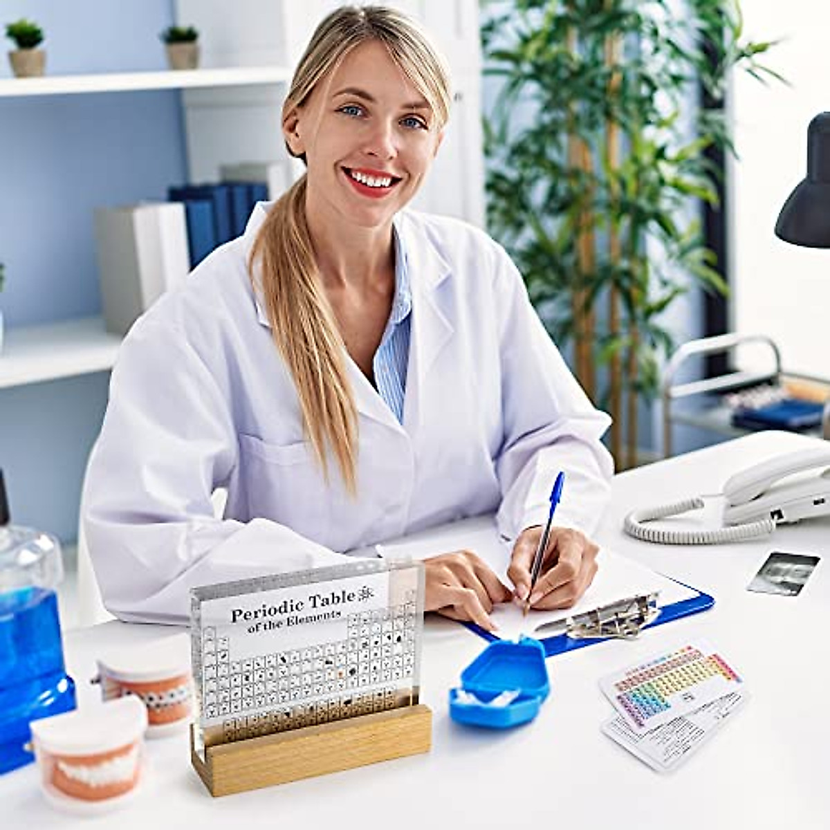 MegaBox Periodic Table Of Elements with 83 Real Elements, Acrylic Periodic Table Display With Wooden Stand, 6x Chemistry Formula Reference Cards, Science Teacher Gift Classroom Decoration