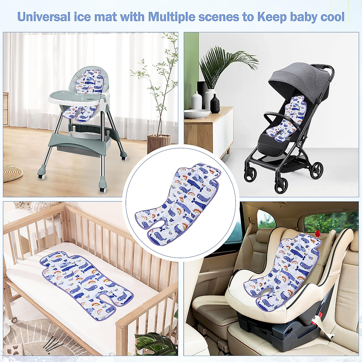 Gel Car Seat Cooler Pad,1 Pack Double Sides-Universal Baby Stroller Ice Cushion Mat,Summer cooling Seat Liner,Multifunctional Suitable for Baby Dining Chair,Child Safety Seat(Whale + Blue Dinosaur)