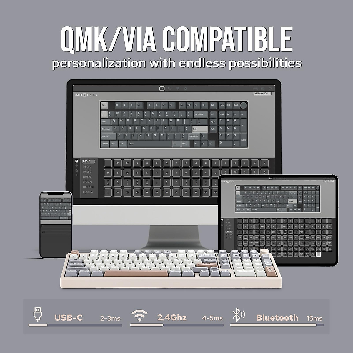 EPOMAKER Galaxy100 QMK/VIA Wireless Gaming Keyboard, Aluminum Shell, Bluetooth/2.4Ghz/USB-C, Pre-Lubed Hot-Swappable Linear Switches, NKRO, RGB Backlit (Creamy White, Marble White Switch)