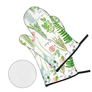 Springtime Herb Garden Heat-Resistant Oven Mitts and Pot Holders 4-Piece Set, Suitable for Kitchen Cooking, Outdoor Grilling