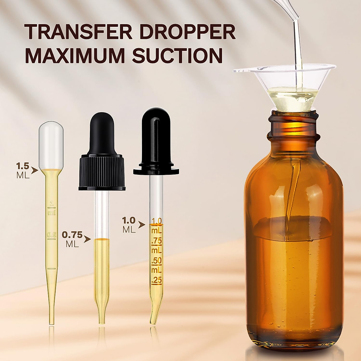 Bumobum 5 Pack, 1 oz Dropper Bottle with 2 Extra Graduated Calibrated Glass Dropper (1ml), Amber Glass Dropper Bottle 30ml Empty Dark Brown Tincture Bottles Eye Dropper for Essential Oils, Liquids