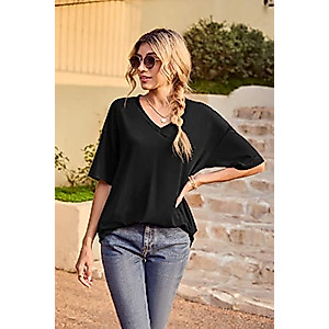 Iandroiy Womens Oversized Tees Loose T Shirts Half Sleeve V Neck Tops (Large, Black)