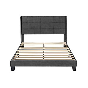 WEEWAY Queen Size Wingback Upholstered Platform Bed Frame, Box-tufted Headboard, Wooden Slats, No Box Spring Needed, Easy Assembly, Dark Grey