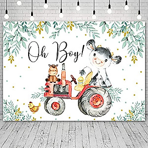 ABLIN 10x7ft Holy Cow Baby Shower Backdrop for Boy Spring Theme Oh Boy Baby Shower Party Decorations Banner Green Leaves Red Tractor Photography Background Photo Shoot Props