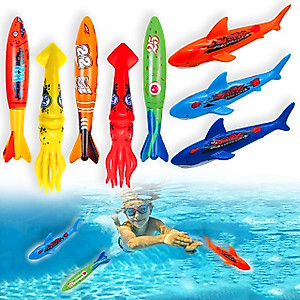 Diving Torpedo Pool Toys: Underwater Sinking Sharks, Squids, and Torpedoes - Kids' Outdoor and Indoor Swimming Activity Toy Set