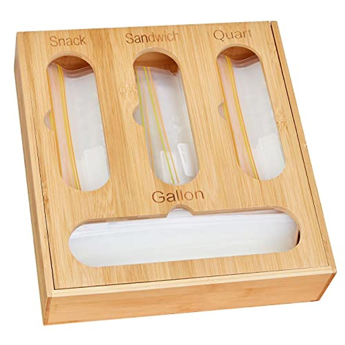 Headley Tools Ziplock Bag Organizer, Bamboo Organizer- Food Bags Container for Kitchen Drawer Baggie Dispenser & Holder Compatible with Gallon, Quart, Sandwich and Snack Variety Size Bag