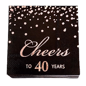 Rose Gold Foil Cocktail Napkins with Cheer 40 Years | Folded 5 x 5 Inches Disposable Party Napkins | 3-Ply Paper Beverage Napkins for 40th Birthday Decorations, Wedding Anniversary, Retirement, Black