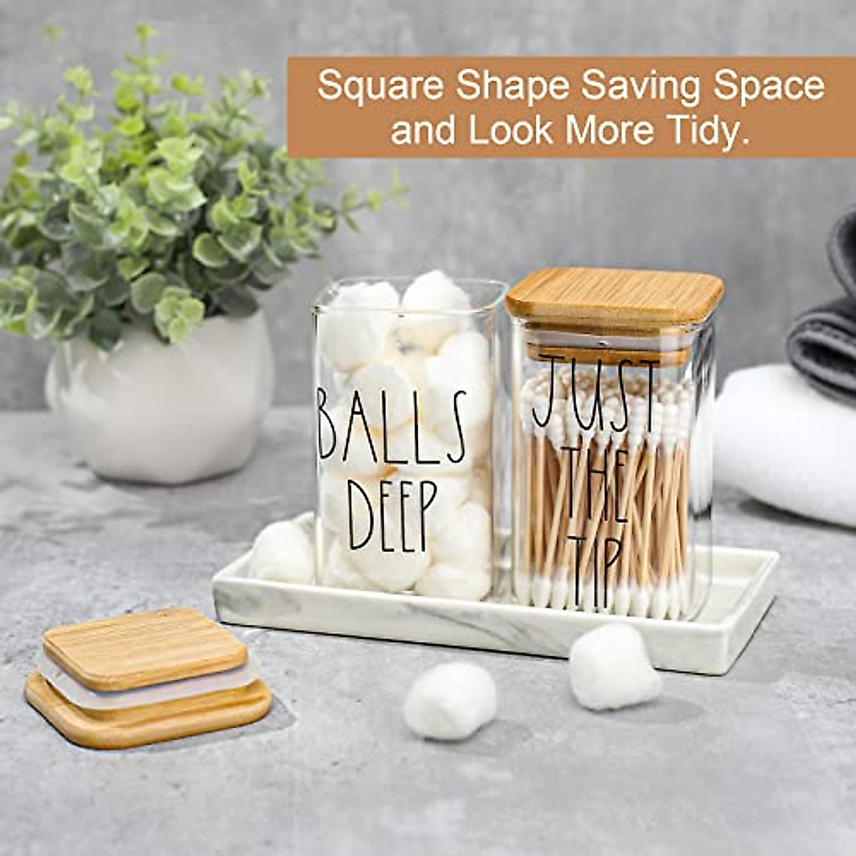 ALPIRIRAL Qtip Holder, Glass Cotton Ball and Qtip Holder Set , 2Pcs 10 Oz Qtip Dispenser with Bamboo Lids Cotton Swab Holder, Bathroom Canister Accessories Storage Organizer, Farmhouse Bathroom Decor