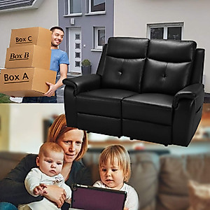 VUYUYU 2 Seater Recliner Sofa - Double Reclining Loveseat with Massage & Heating - PU Leather Home Theater Seating Manual Recliner Motion Living Room Chair (Black)