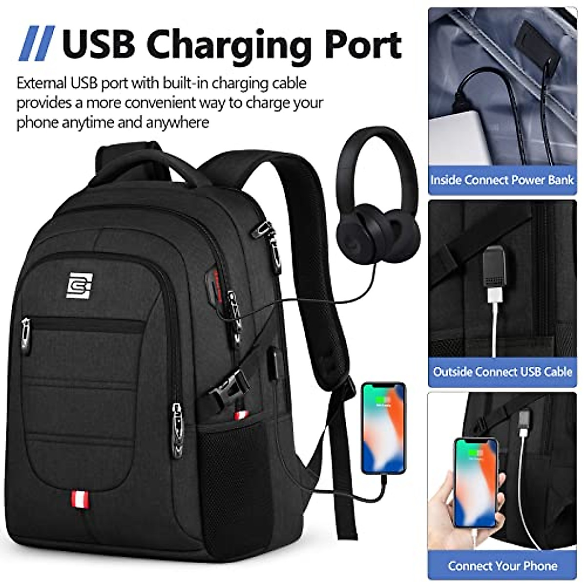 Bagsure Travel Laptop Backpack, Business Water Resistant Laptop Backpack with USB Charging Port, College Bag for Men & Women