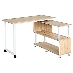 HOMCOM Mobile L-Shaped Rotating Computer Desk with Storage Shelves Moveable Rolling Writing Table Home Office Study Workstation for Home Office, Oak