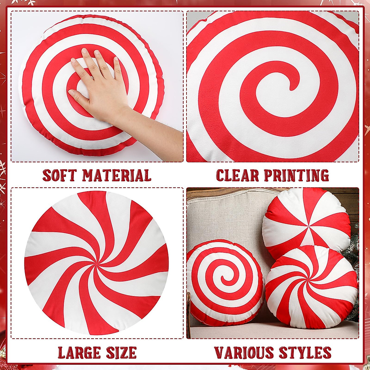 Kigley 3 Pcs Christmas Candy Cane Throw Pillow Red White Peppermint Round Spiral Lollipop Pillow Xmas Home Gift Set for Bedroom Bed Sofa Bench Couch Chair Cushion Holiday Decoration, 13.8 Inch