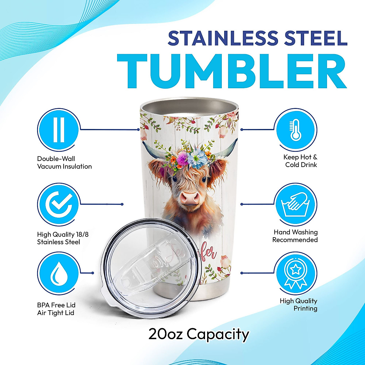 Hyturtle Personalized Gifts For Highland Cow Lover - Birthday Christmas - Just A Girl Who Loves Highland Cows Custom Name Stainless Steel Tumbler 20oz With Lid - Animal Lover Gifts For Her Women Girl