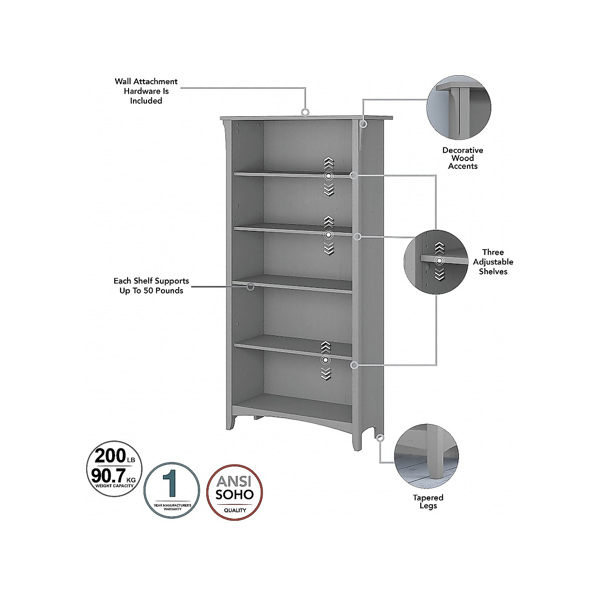 Salinas 5-Shelf 63-Inch H Tall Bookcase, Cape Cod Gray, 2/Set