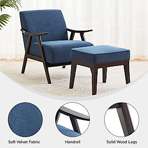 Batohom Solid Wooden Armchair with Ottoman,Mid Century Modern Chair and Footrest,Upholstered Club Chair and Ottoman Set,Comfy Reading Tufted Accent Chair for Bedroom,Side Living Room Chair (Blue)