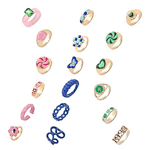 CrazyPiercing Chunky Rings Colorful Cute Chunky Rings Set Resin Acrylic Rings for Women, Teen, Girls, Aesthetic Finger Knuckle Y2K Rings Plastic Trendy Rings Set(18Pcs)