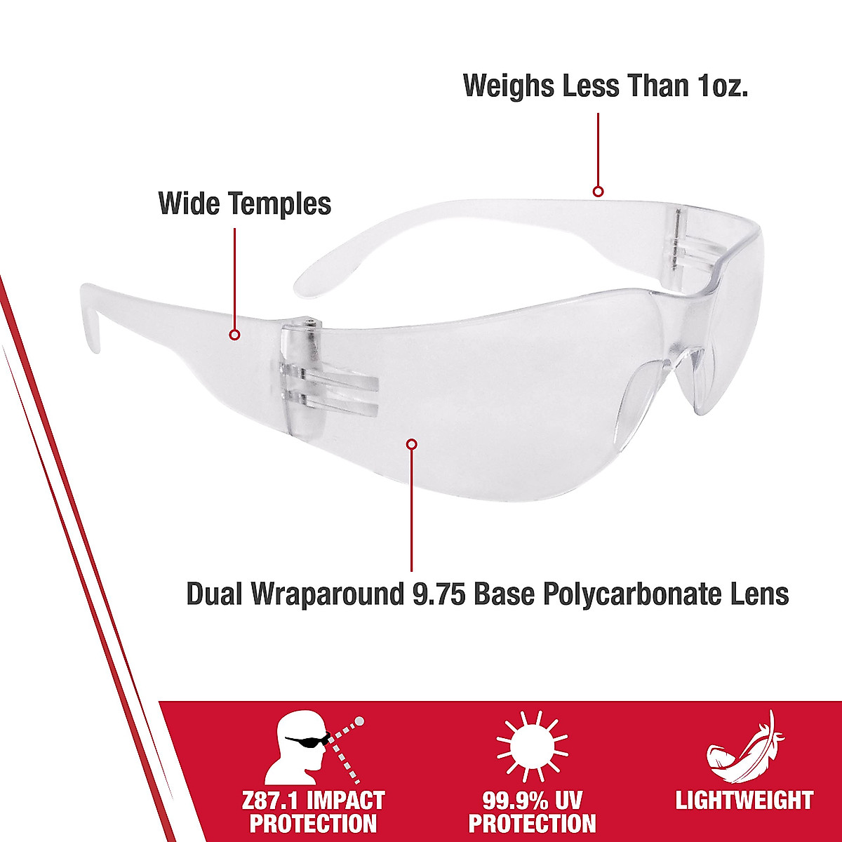 Radians Clear Safety Glasses, Scratch-Resistant, Wraparound, One Size
