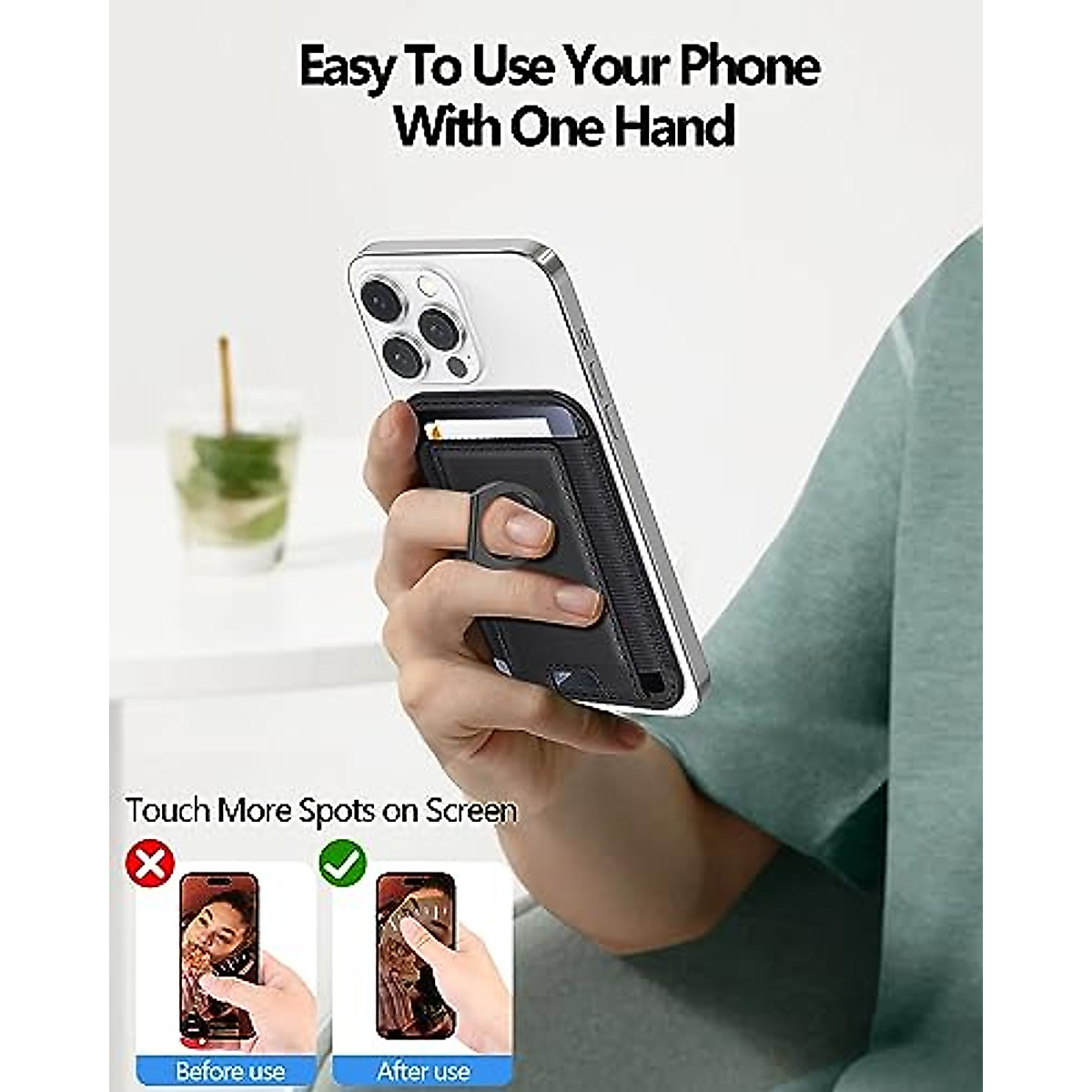 Miroddi Magnetic Wallet for iPhone 12 13 14 15 Accessories Set for Magsafe Credit Card Holder Can Store 3 Cards Back of Leather Phone Wallet with Ring Grip Black