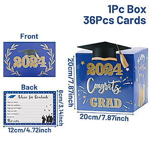FengRise Graduation Cap Card Box, 2024 Class - Includes 36 Pcs Grad Cards, Blue Gold, Storage Box for Graduation Party Decorations, Gift Card Holder, Reusable, 7.87*7.87inch/20*20cm