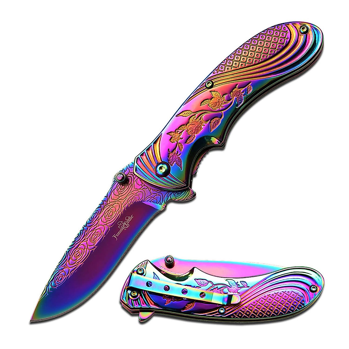 FEMME FATALE – Spring Assisted Open Folding Pocket Knife – Rainbow TiNite Coated Stainless Steel Blade and Handle w/Stamped Rose Design and Pocket Clip, EDC, Self Defense – FF-A008RB