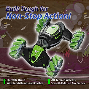 Contixo SC1 All Terrain Speed Crawler RC Stunt Car, 4WD 2.4GHz Remote Control Car, Gesture Sensor Toy Cars, Double Sided Rotating 360° Flip Offroad Vehicle with Lights Music, Kids Toy Cars, Green