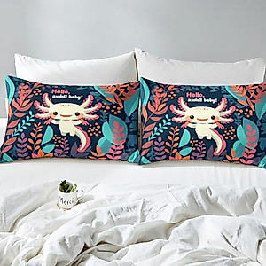 Feelyou Kids Cute Axolotl Comforter Cover Twin Size, Ocean Sealife Duvet Cover Boys Girls Cartoon Salamander Bedding Set for Kawaii Animal Bedspread Cover Soft Quilt Cover 2Pcs (No Comforter)