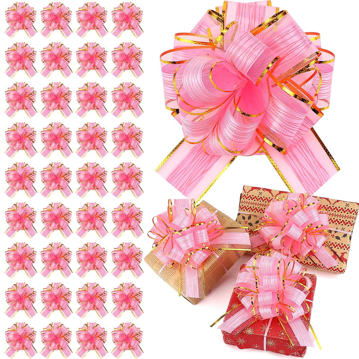 Poen 36 Pcs 6 Inch Pink Pull Bow for Gift Wrapping Valentine Pink Gift Bows for Party Birthday Holiday Gift Boxes Bow Basket Packaging Bows Valentine's Day Presents Flower Decorations