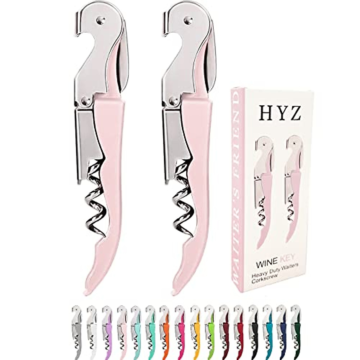 Waiter Corkscrew Wine Opener 2-Pack Pink, HYZ Professional Wine Key for Servers, Bartender with Foil Cutter, Manual Wine Bottle Opener Double Hinged