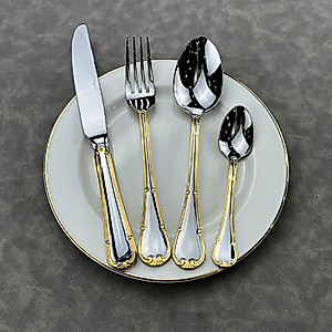 Luxury Silverware Set for 6, Retro Royal Palace Style Stainless Steel Flatware Cutlery with Gold-Plated Trim, 24-piece Eating Tableware for Wedding Home Kitchen Hotel Restaurant