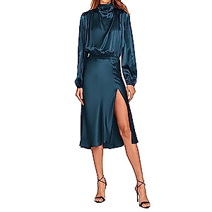 PRETTYGARDEN Women Fall Formal Mock Neck Long Sleeve Satin Dress Elastic Waist High Slit Midi Wedding Guest Dresses 2023(Solid Dark Blue,Medium)