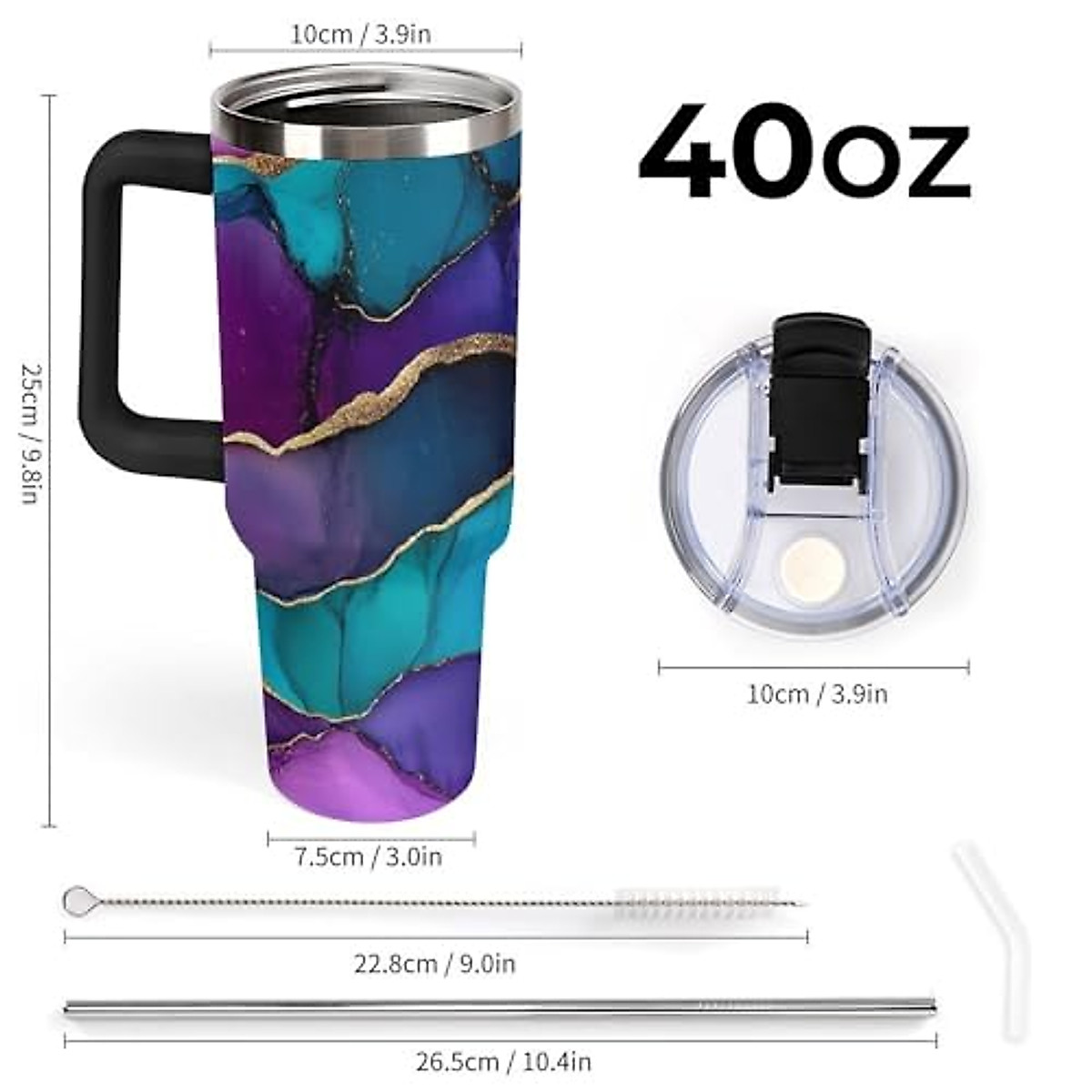Abstract Vibrant Rainbow Ombre Insulated Tumblers with Handle Stainless Steel Coffee Mug Funny Travel Cup with Lid Straw 40oz