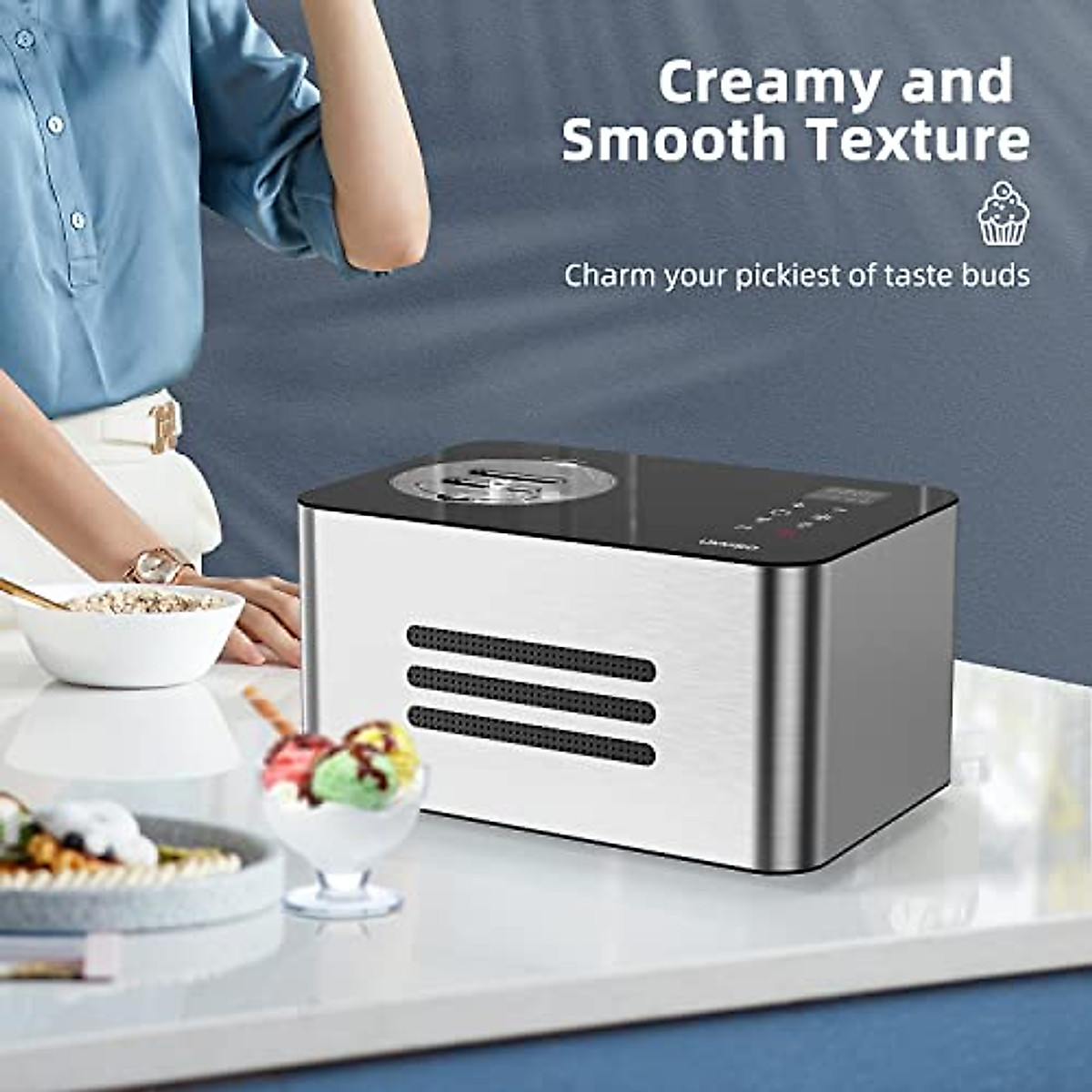 Ice Cream Maker, UKKISO 1.5 Quart Automatic Electronic Gelato Maker with 4 Operation Modes, Built-In Compressor, Portable Homemade Dessert Maker with Spoon, Ice Cream Machine for Home