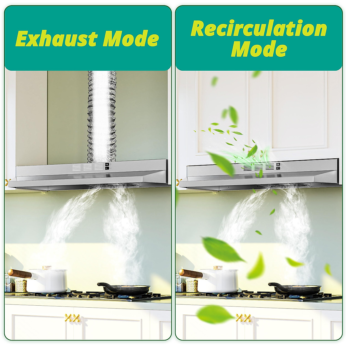 FIREGAS Range Hood 36 inch Under Cabinet, Ducted/Ductless Convertible Kitchen Hood, Stainless Steel Vent Hood with LED Light,2 Speed Exhaust Fan, Silver