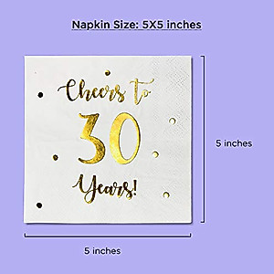 Cheers to 30 Years Cocktail Napkins | Happy 30th Birthday Decorations for Men and Women and Wedding Anniversary Party Decorations | 50-Pack 3-Ply Napkins | 5 x 5 inch folded (White)