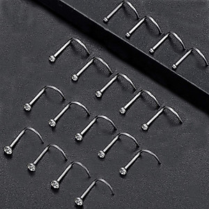 Tornito 20G 40Pcs Stainless Steel Curved Nose Stud Nose Ring CZ L Bone Screw Shaped Nose Screw Piercing Jewelry for Women Men