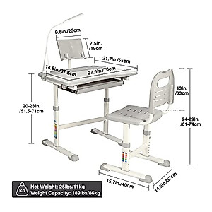 RedSwing Kids Desk and Chair Set, Adjustable Height Children Study Table Chair with Led Light, Bookstand, Portable Kids Desk with Tilted 0-60° Table Top for Age 3-15, Gray