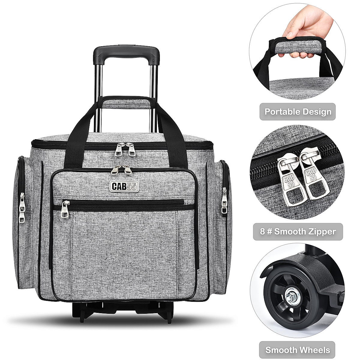 CAB55 Rolling Craft Bag, Rolling Tote Bag with Wheels for Women, Rolling Teacher Bag with Removable Folding Hand Trucks-Grey