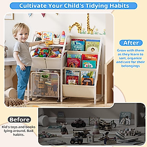 Kids Bookshelf and Toy Storage Organizer - 3 Tier Book Shelf for Kids Rooms with Movable Drawer, Kids Bookcase with 2 Toy Bins, Toddler Baby Childrens Bookshelf, for Bedroom Playroom Classroom (White)