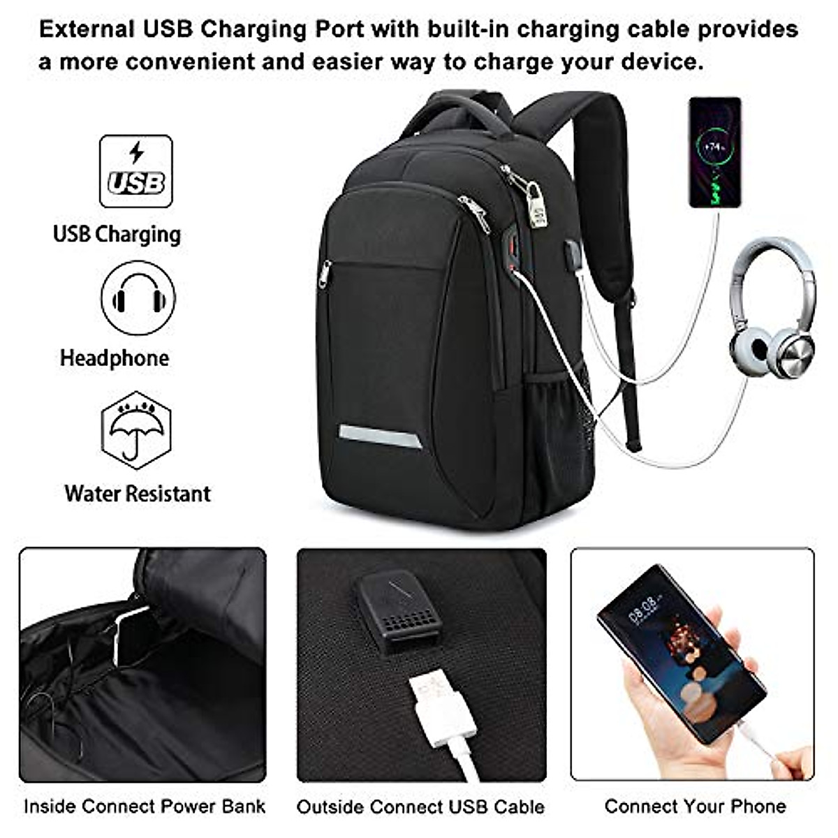 XQXA Laptop Backpack, Travel Backpack for Men & Women with USB Charging Port, Water Resistant Anti Theft College Computer Back Pack Bag Fits Up to 17 Inch Laptop- Black