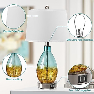 Table Lamps Set of 2, Modern Ombre Blue Glass Touch Control Bedroom Nightstand Lamp for Living Room with USB Ports, Coastal 3-Way Dimmable Bedside Table Lamp with White Shade (LED Bulbs Included)