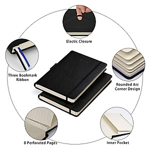 Thick Hardcover Notebook/Journal with A5 120gsm Premium Paper, College Ruled Bound with Pen Holder, Black Leather, 3 Ribbon Marker, Inner Pocket, 8.4 x 5.7 in