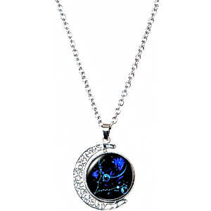 DEQIYIJI Zodiac Necklace Jewelry Birthday Gifts Astrology 12 Constellation Horoscope Sign Galaxy Crescent Half Moon Pendant Necklace Pisces