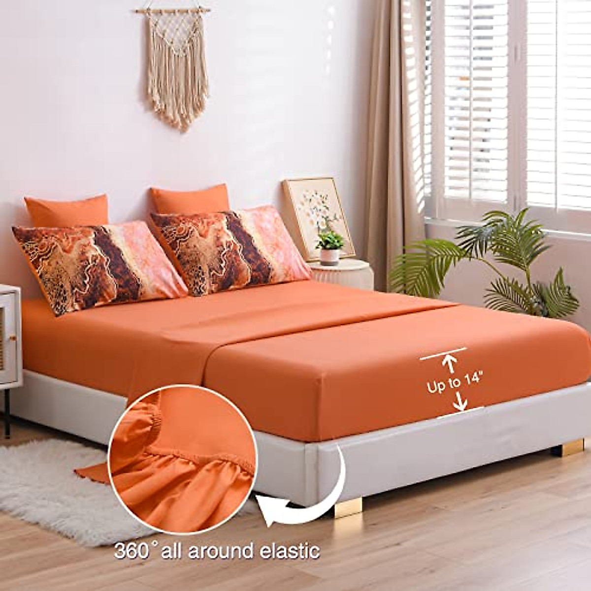 A Nice Night Marble Like Burning Mountain Printed Bedding Set,Retro Style Watercolor Artwork Design,Ultra Soft Comforter Set,7pcs Bed in a Bag,Queen,Orange