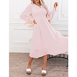 MEROKEETY Women's Long Sleeve Round Neck Smocked Elastic Waist A Line Tiered Dress,Pink,M