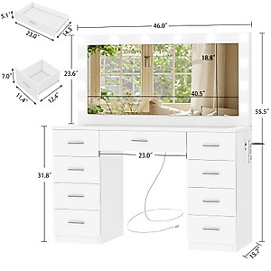 Quimoo Vanity Desk with Large Lighted Mirror and Power Outlet, 46" Makeup Vanity with 9 Drawers and Glass Desktop, Vanity Table with 12 LED Lights, 3 Lighting Color Adjustable (White)