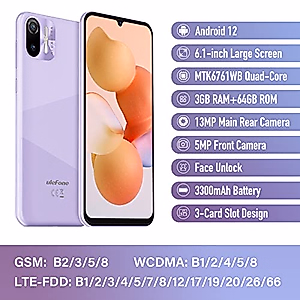 Ulefone Latest Android 12 Unlocked Smartphone, Note 6T (2022), 3GB+64GB, Triple Card Slots, 6.1" Waterdrop Full- Screen Dual 4G Unlocked Cell Phones, AI Camera 13MP+5MP, 3300mAh, Face Unlock - Purple