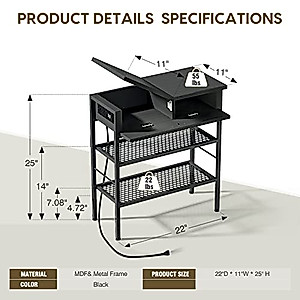 WASAGUN Narrow End Table with Charging Station, Black Nightstand with USB Ports and Outlets, Side Table Living Room Bedroom with Drawer, Skinny Bedside Table Storage Shelves for Small Spaces